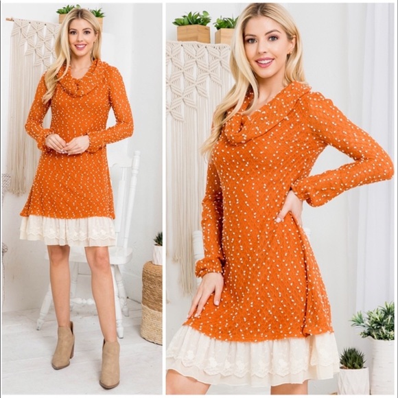 Areve | Dresses | Ryuareve Rust Ivory Cowl Neck Dot Texture Ruffle Lace ...